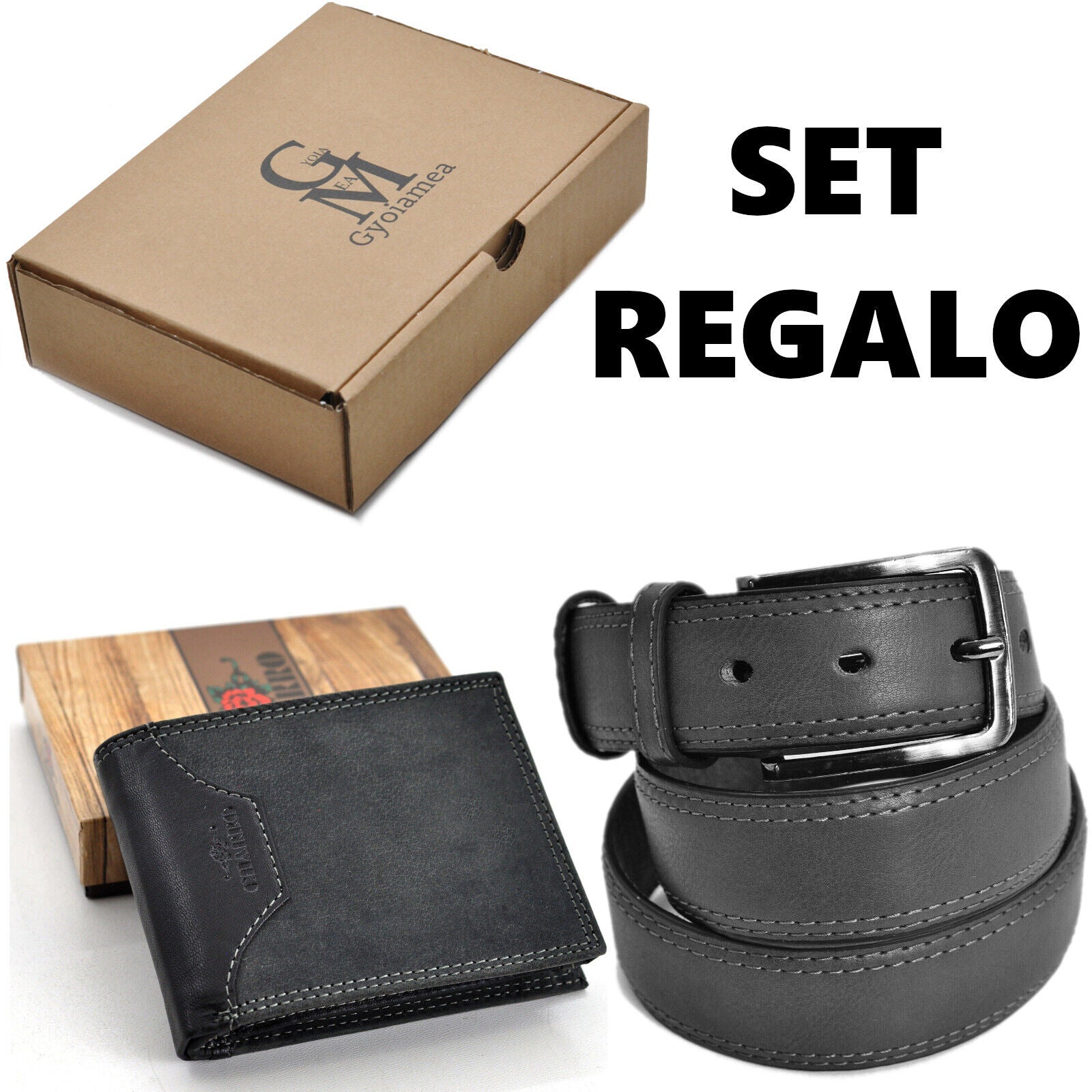 Portafoglio CHARRO + cintura nero VERA PELLE Bundle Pack REGALO con sc